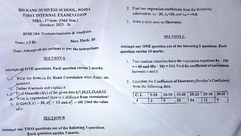 MBA 1st Sem. First Internal Exam Question Paper - October 2025 - Studocu