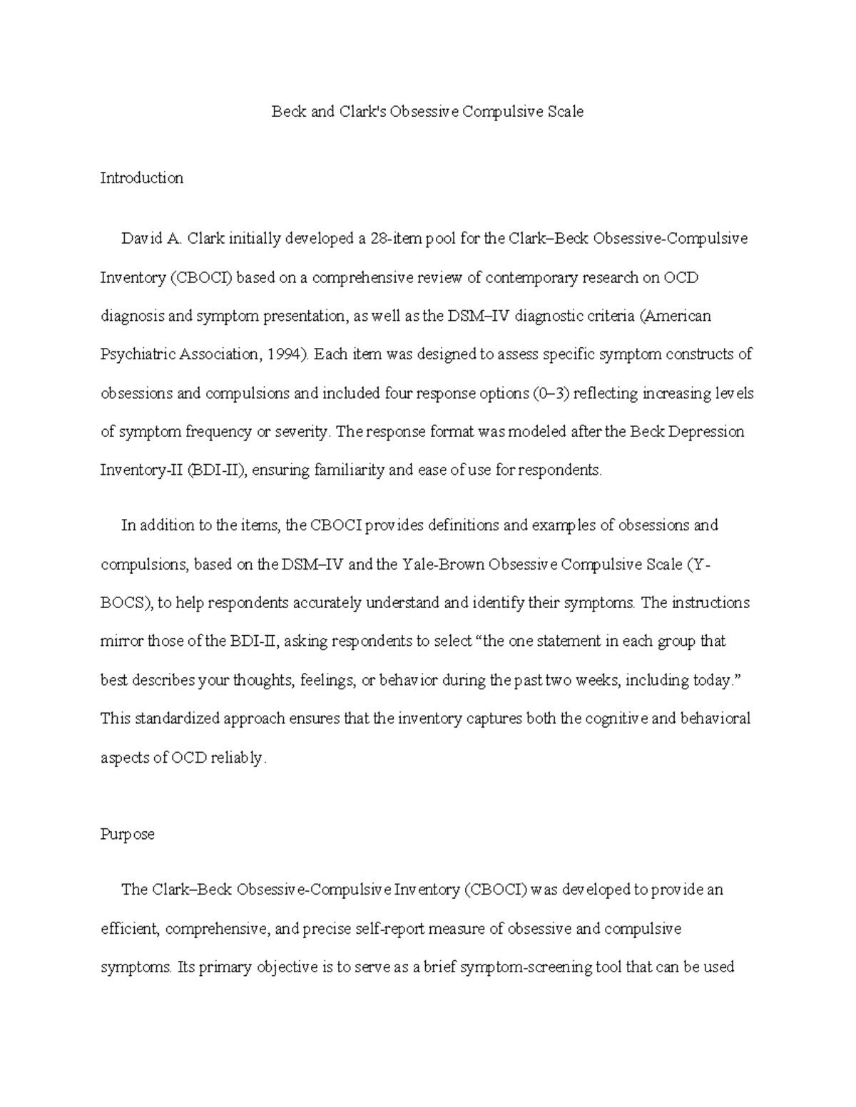 CBOCI: Introduction to the Clark-Beck Obsessive Compulsive Inventory ...