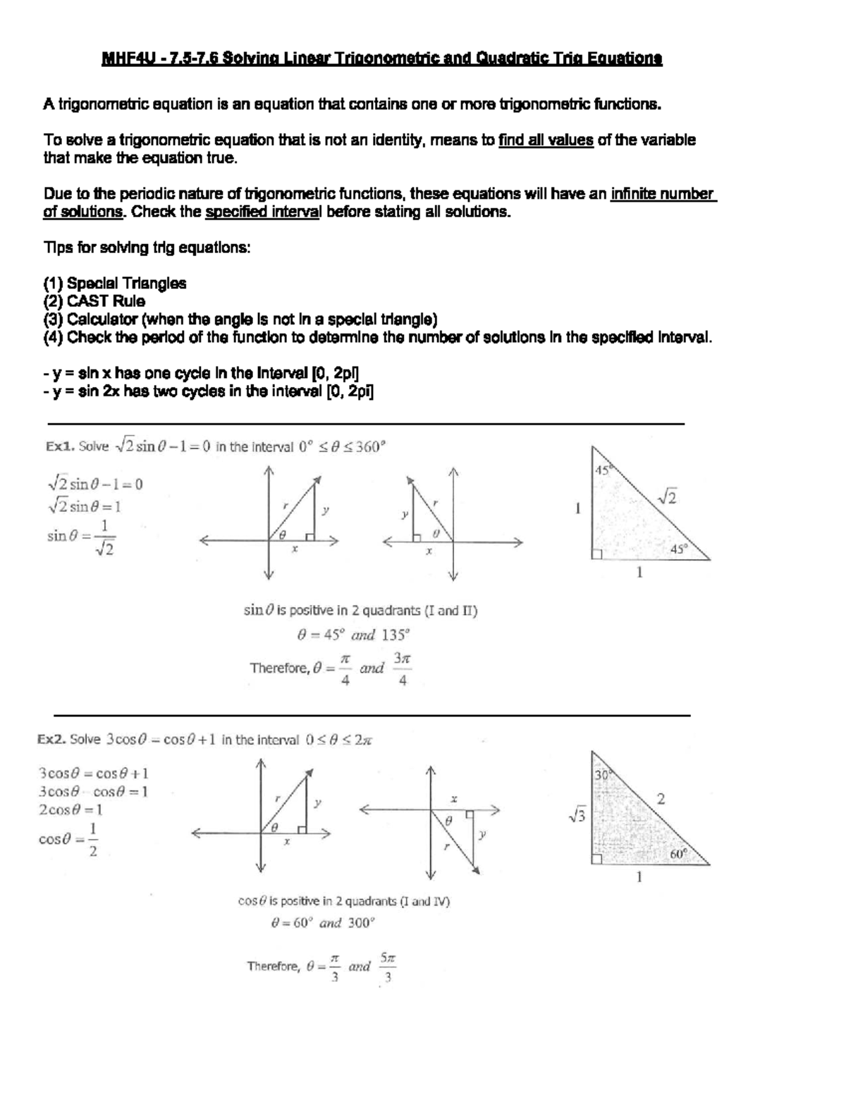 MHF 4U0 Final Exam: Solving Linear Trig & Quadratic Equations - Studocu