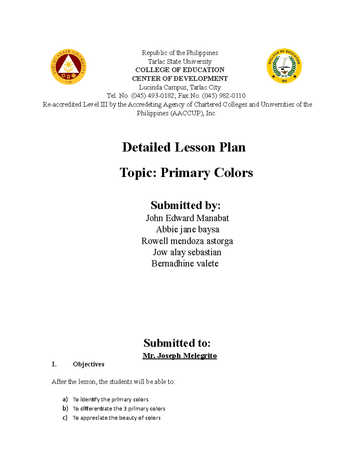 DLP IN ARTS ( Primary Colors) - ####### Republic of the Philippines ...