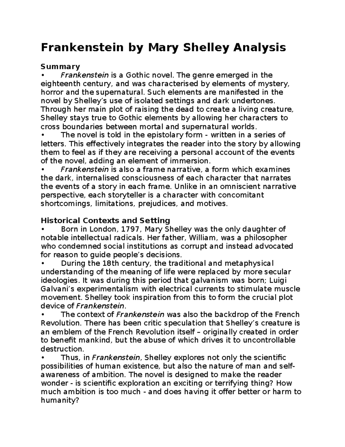 Frankenstein (ENG 101) Analysis: Themes, Contexts, and Characters - Studocu