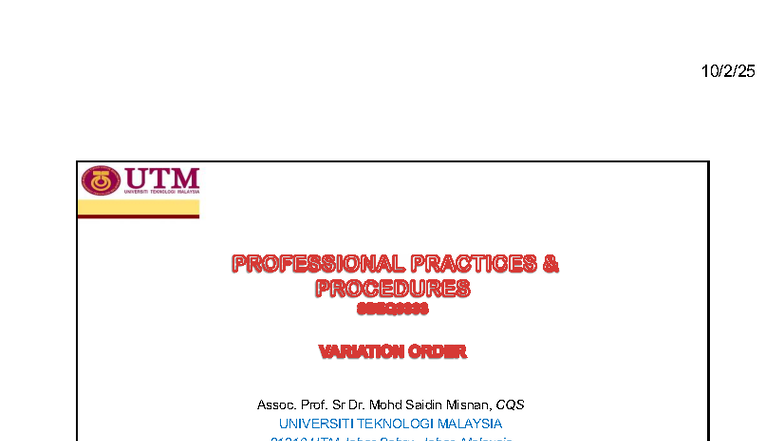 SBEQ3333 Variation Order Procedures and Valuation Notes - Studocu