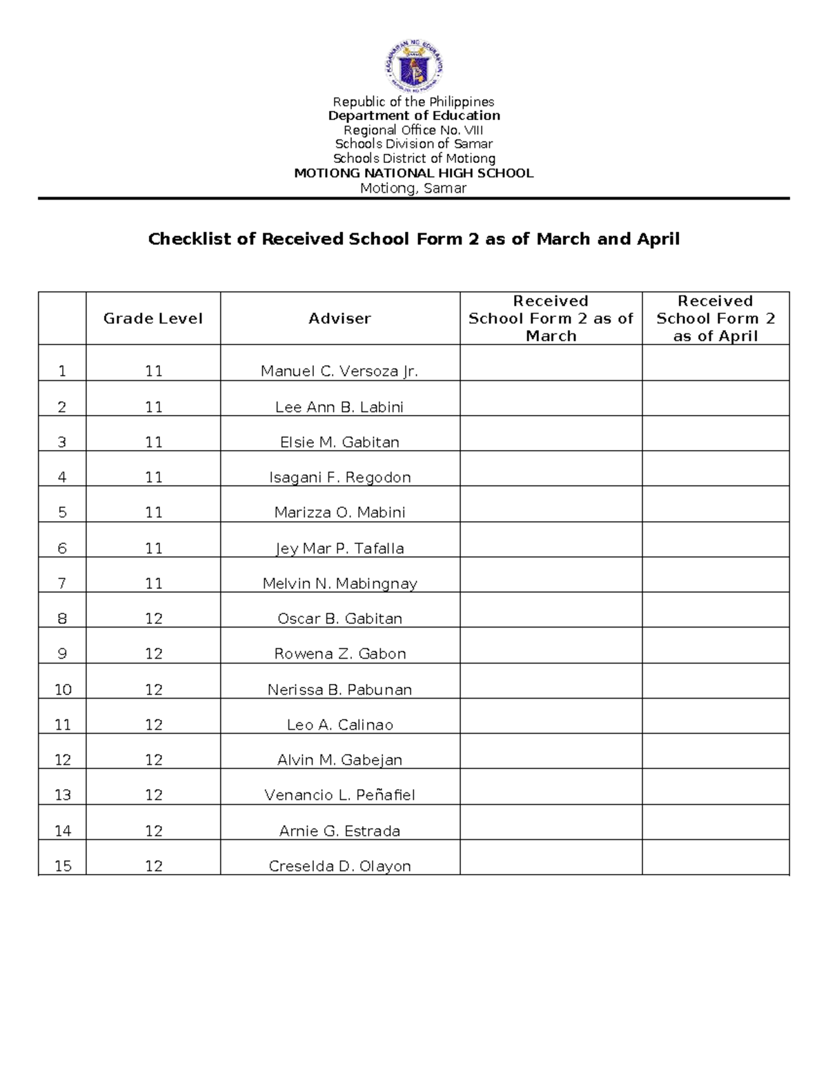 Checklist of Received School Form 2 - Motiong National HS - Studocu