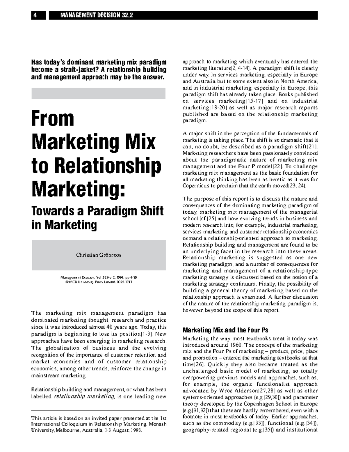 From Marketing Mix to Relationship Marketing: A Paradigm Shift in RM ...