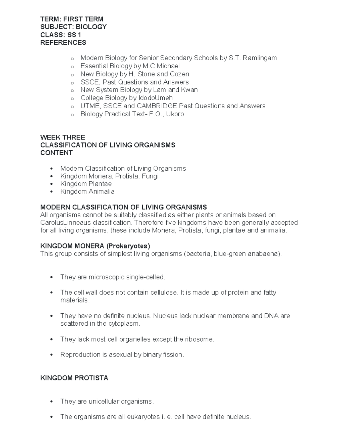TERM SS1 - Term paper - TERM: FIRST TERM SUBJECT: BIOLOGY CLASS: SS 1 ...