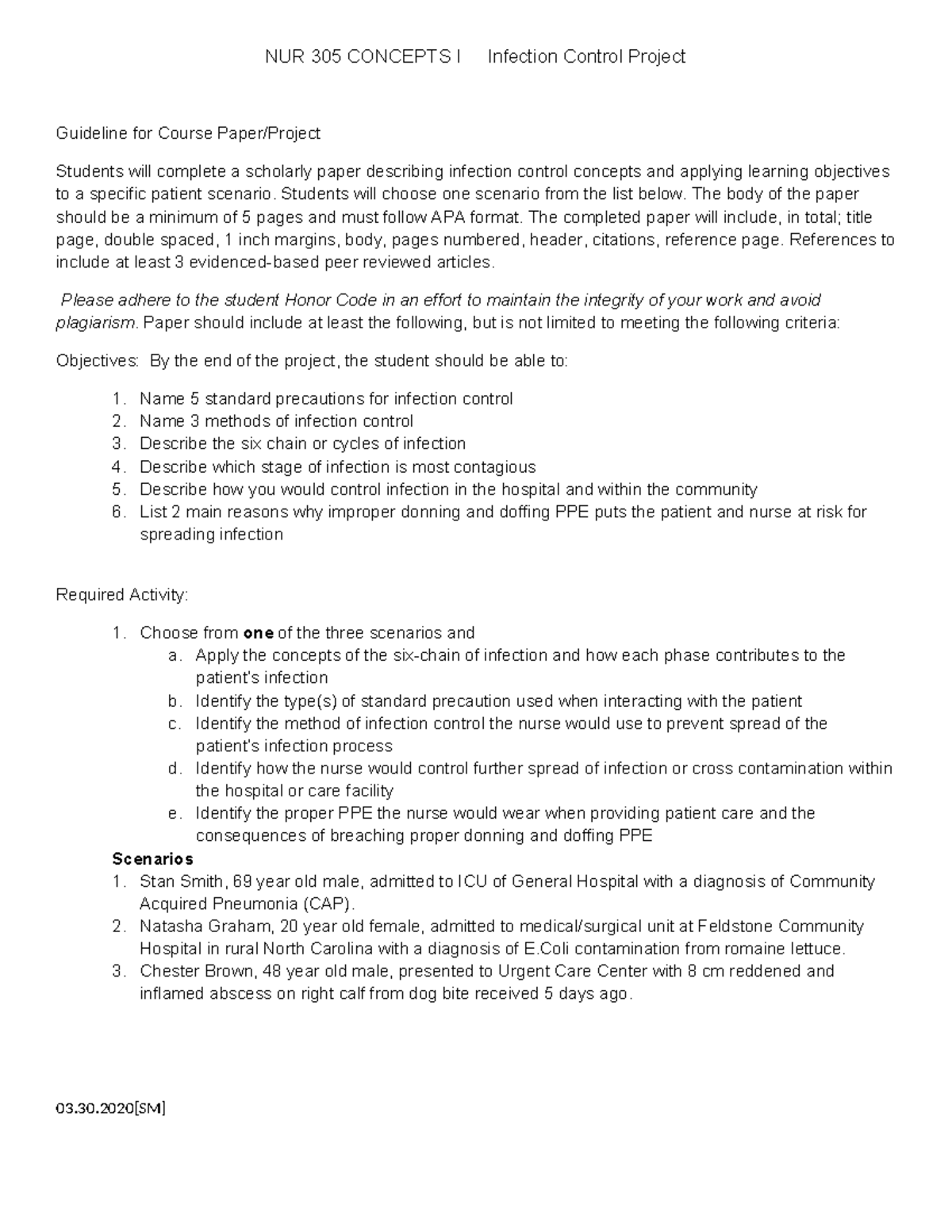 NUR 305 Infection Control Project Guidelines for Scholarly Paper - Studocu