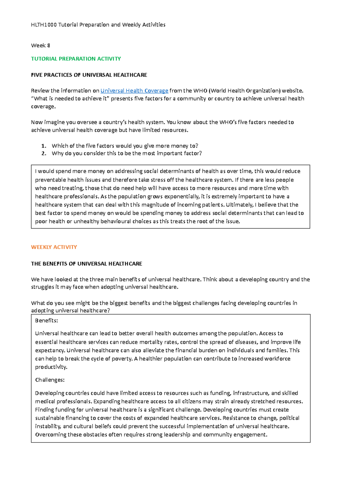 Week 8 tutorial preparation and weekly activities - HLTH1000 Tutorial ...