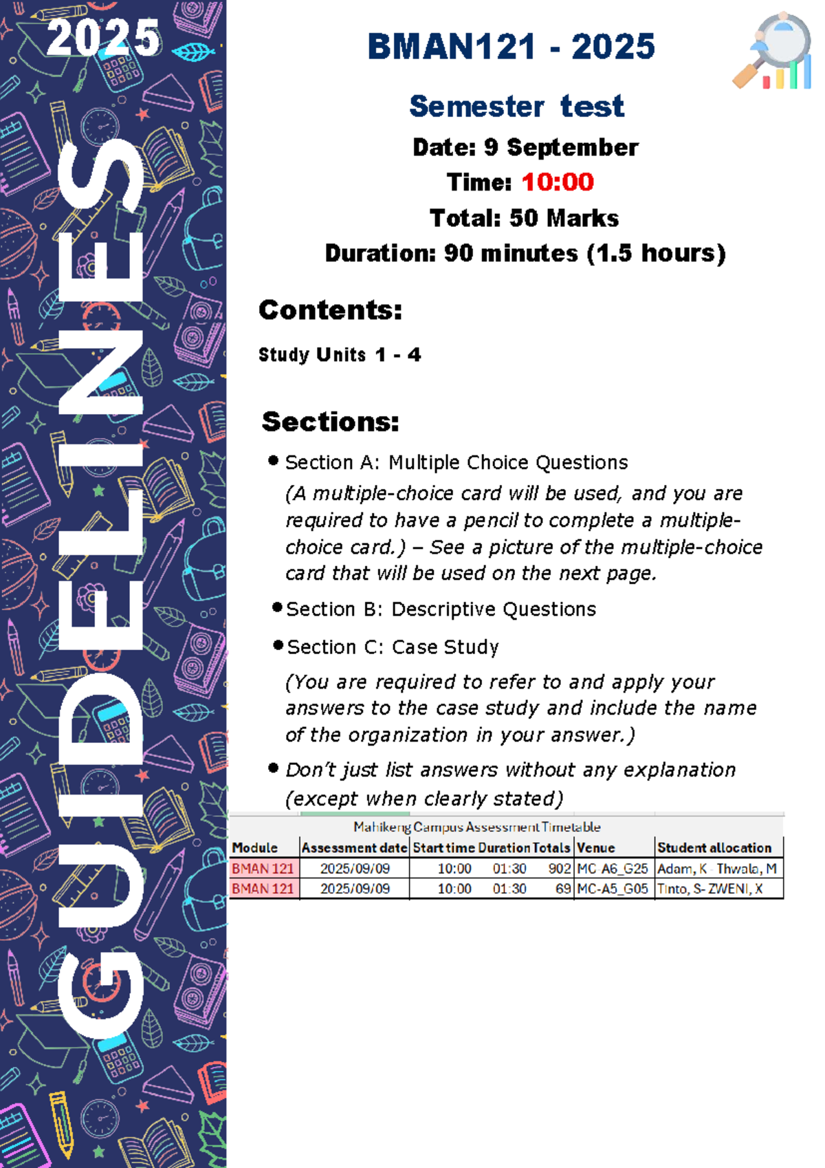 BMAN121 2025 Semester Test Guidelines & Format Overview - Studocu
