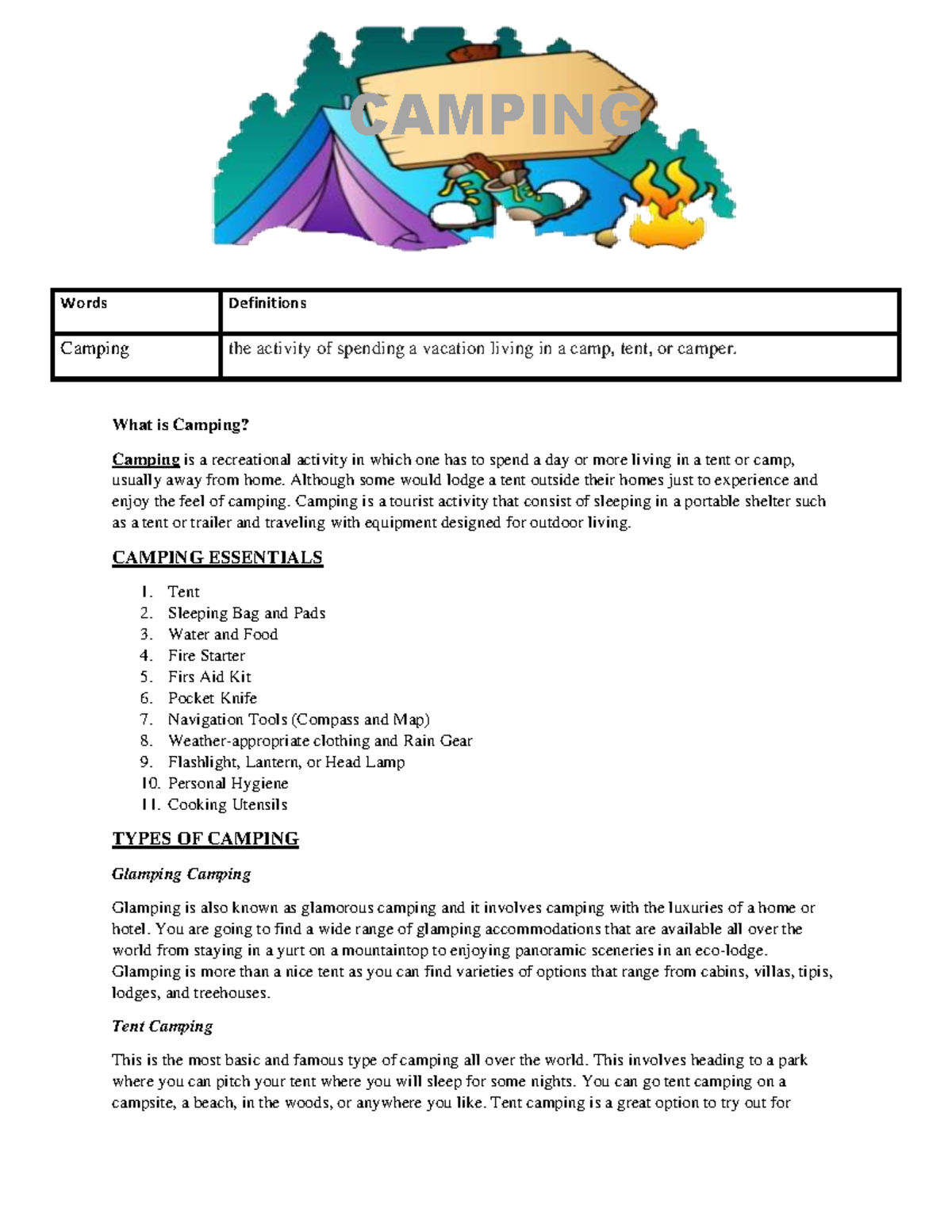 PE Lesson 6 - Understanding Camping & Its Essentials - Studocu