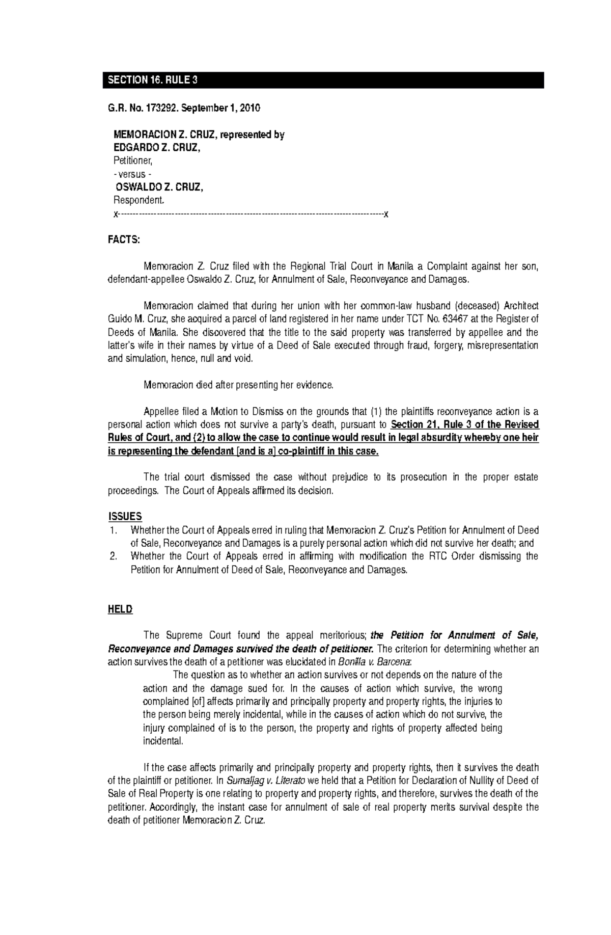 298090002 Civil Procedure Case Analysis on Rule 3, Section 16 - Studocu