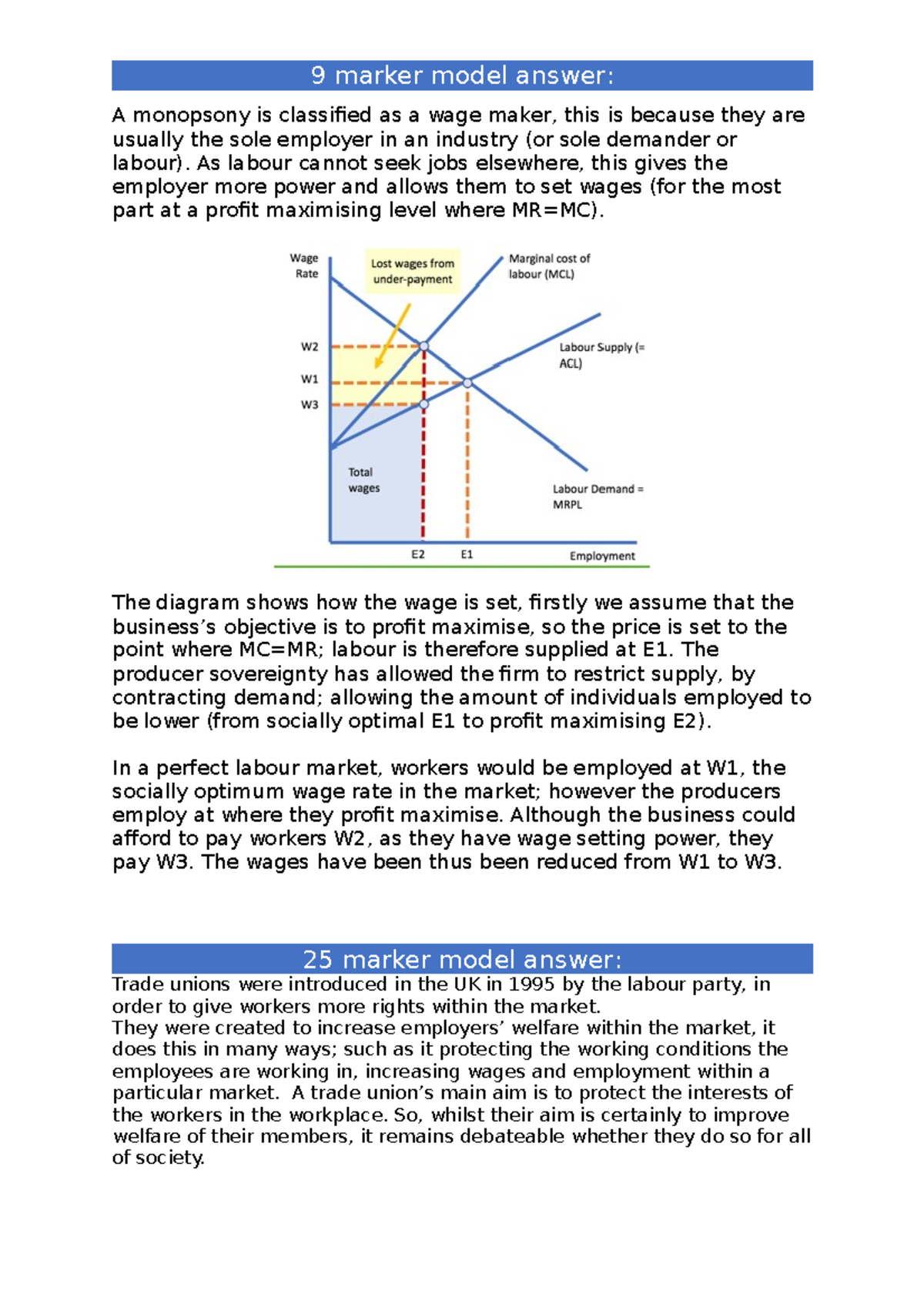 9 and 25 mark model answers - 9 marker model answer: A monopsony is ...