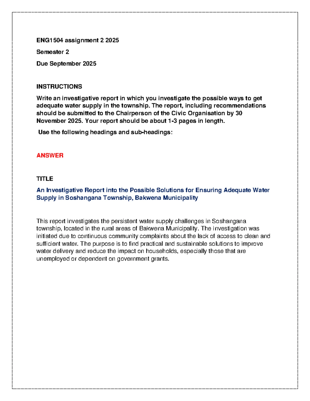 ENG1504 Assignment 01: Minutes of Meeting on Water Supply Issues - Studocu