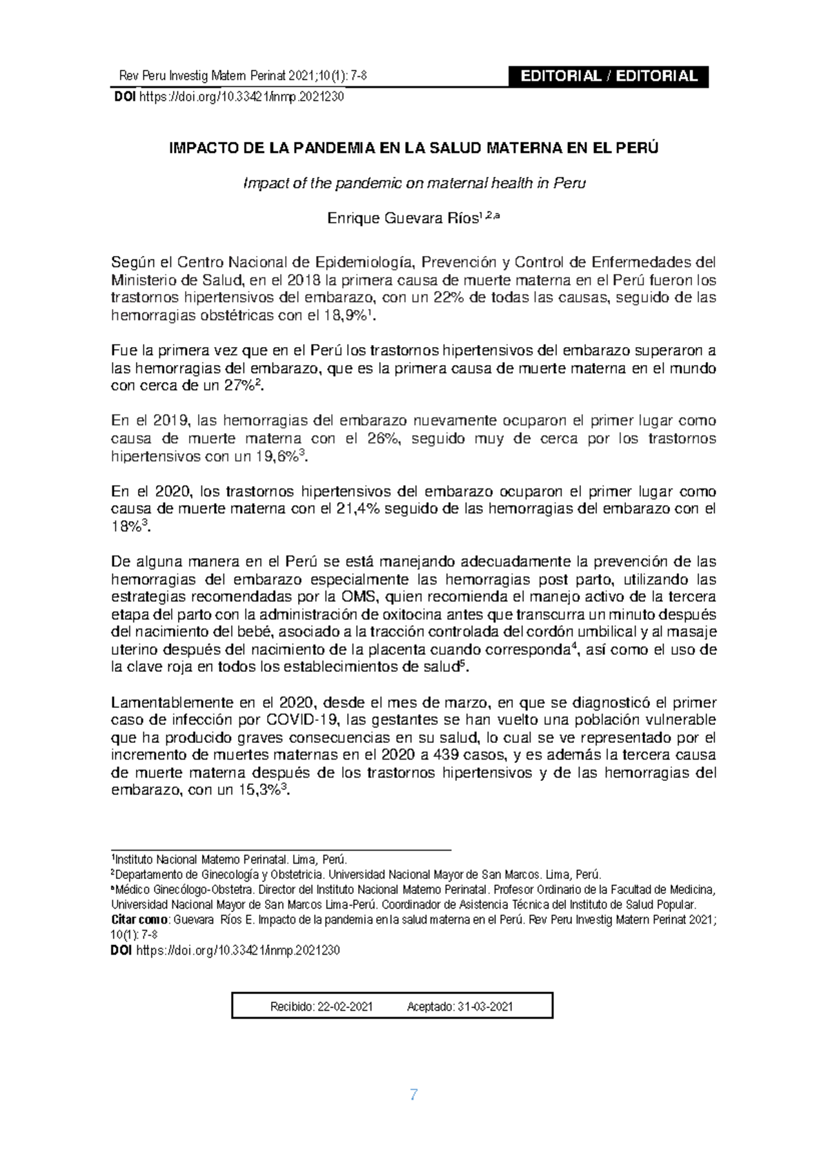 Impacto de la Pandemia en la Salud Materna en Perú - Rev Peru Investig ...