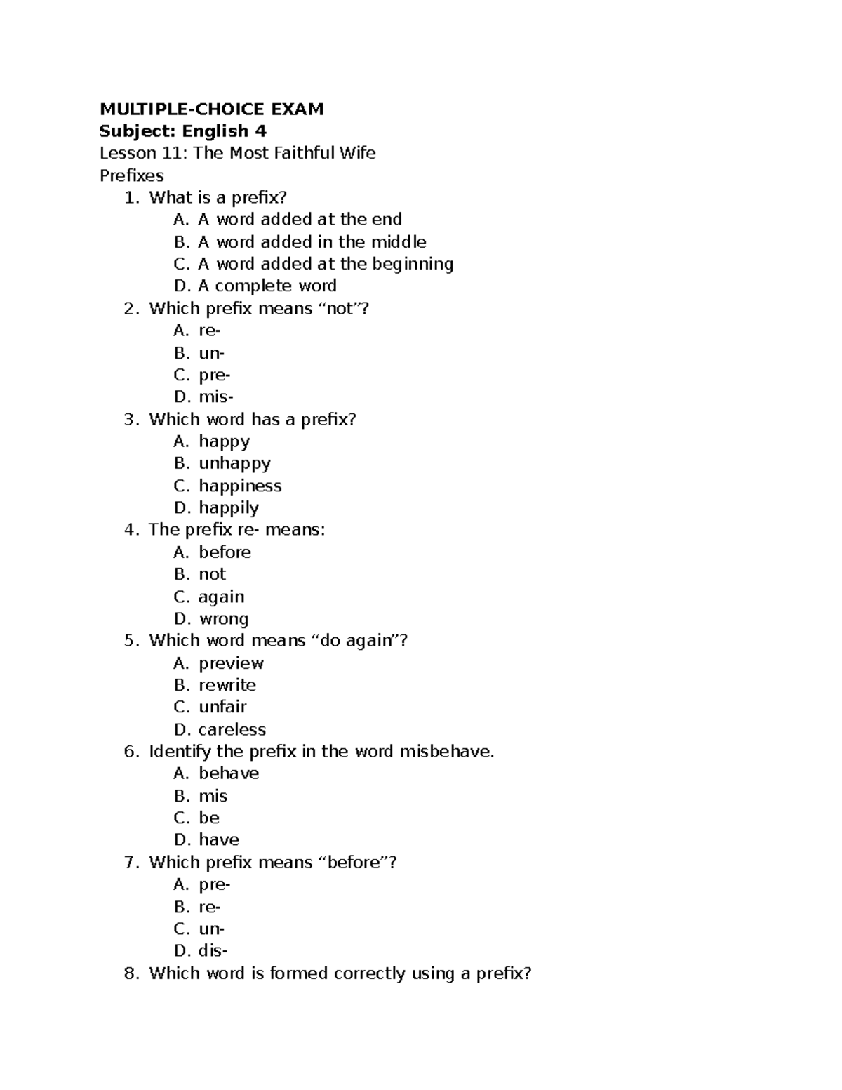 English 4 Final Exam: Lesson 11 - Prefixes and Suffixes - Studocu