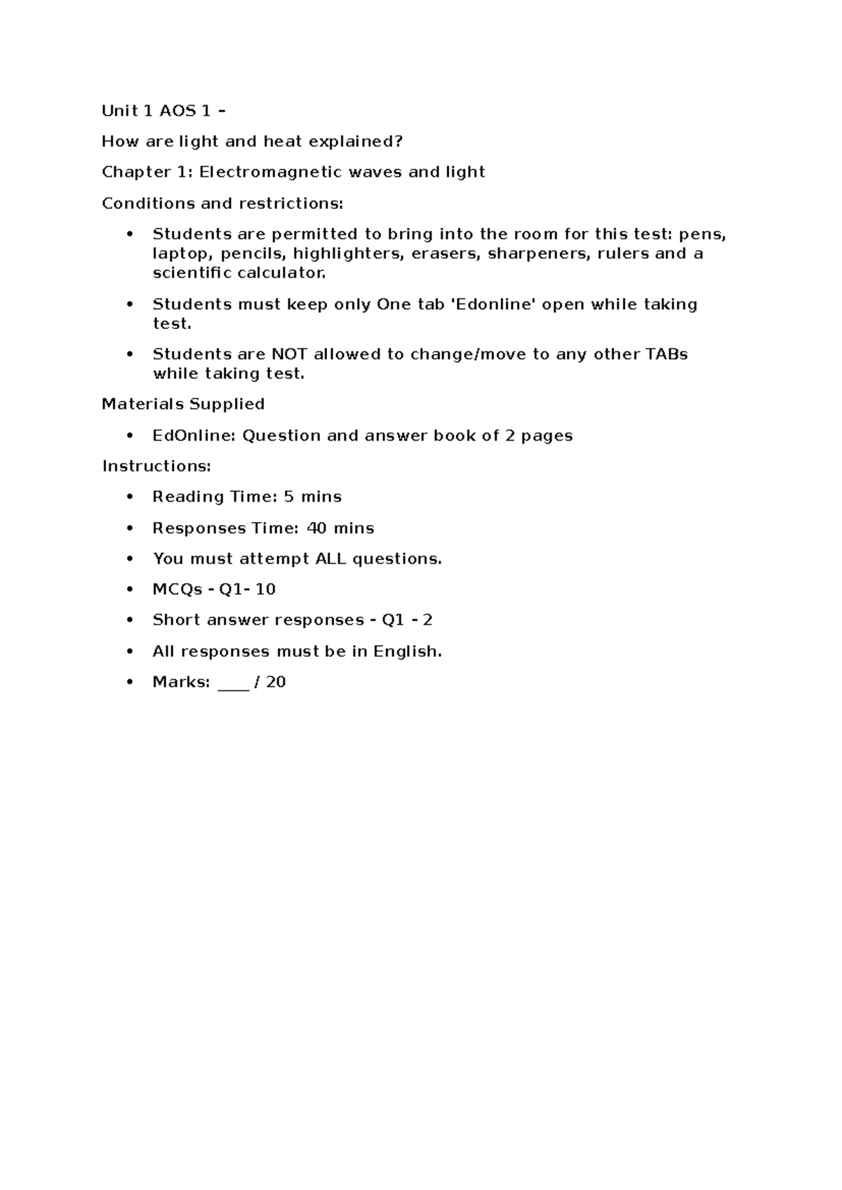 Unit 1 AOS 1-Ch - Practice test for Chapter Electromagnetic waves and ...
