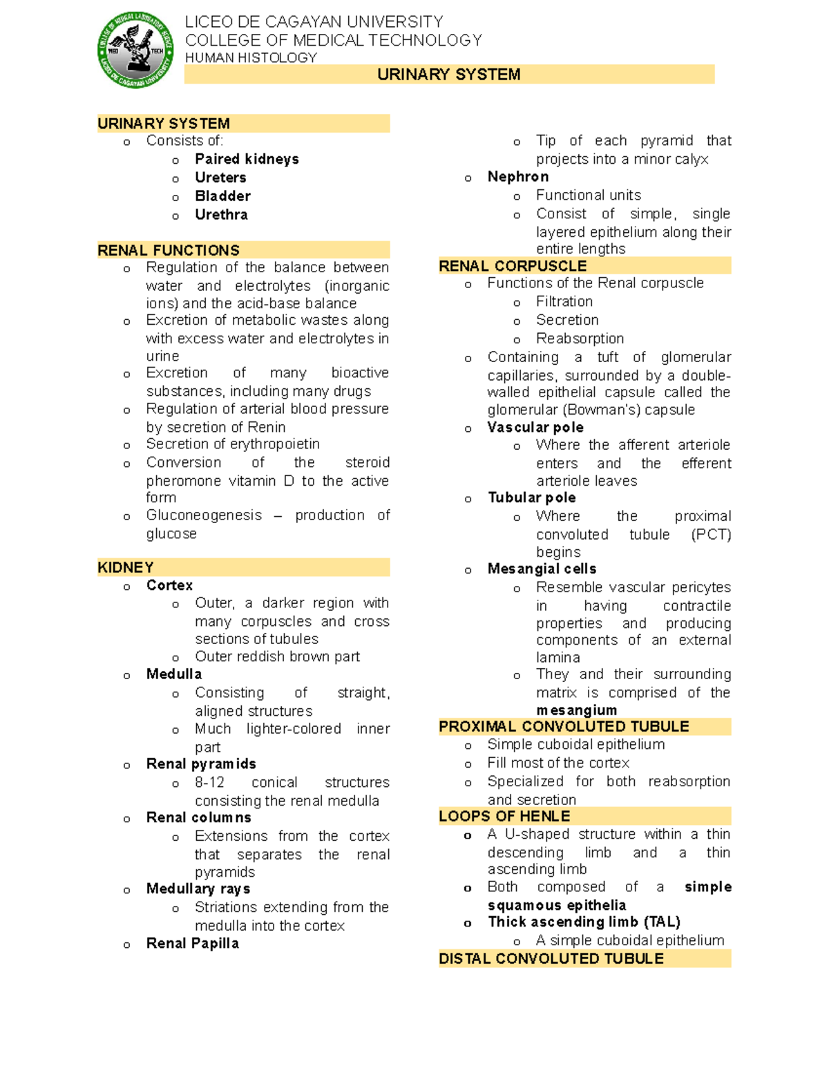 Urinary System - Human Histology Notes (CMT) - Studocu