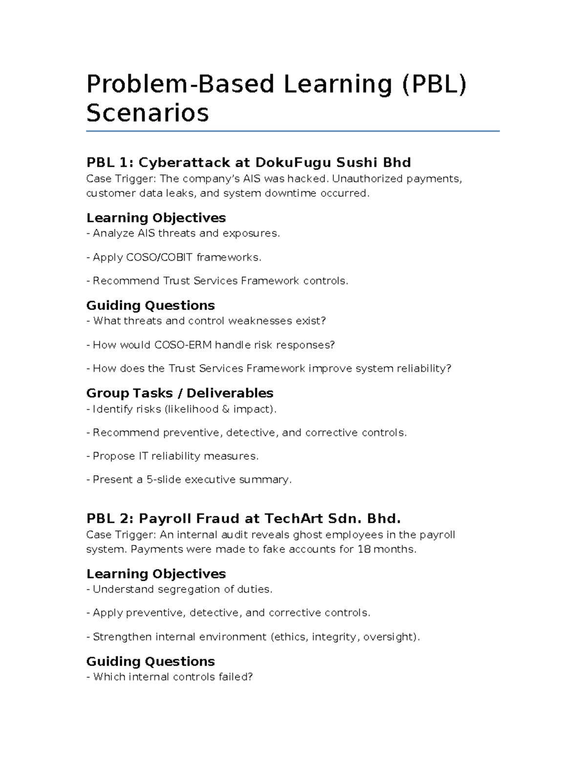 PBL Scenarios: Cybersecurity & Fraud Cases Analysis (Ch4 Ch5) - Studocu