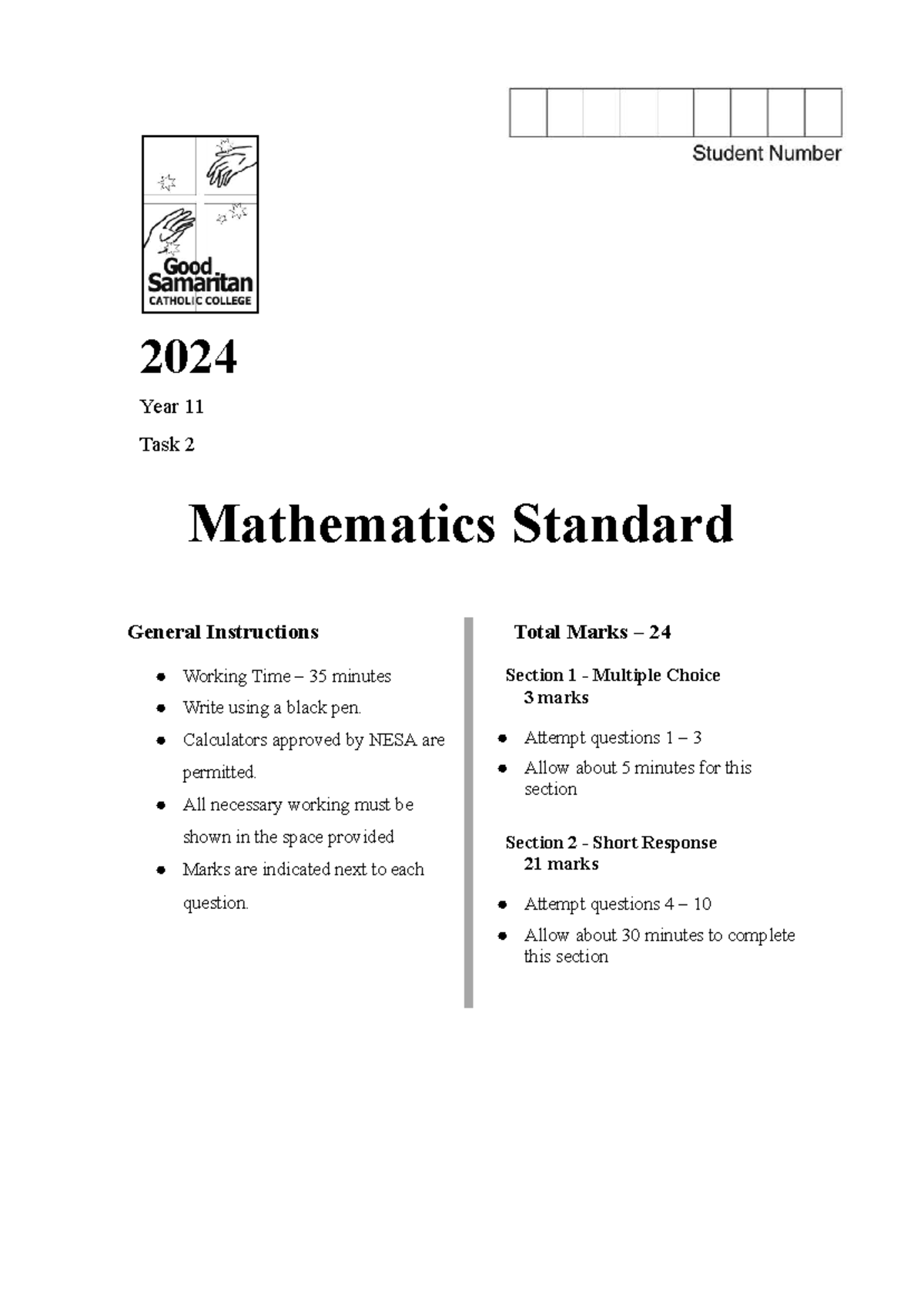 2024 Year 11 Mathematics Standard Task 2 In-Class Test Instructions ...