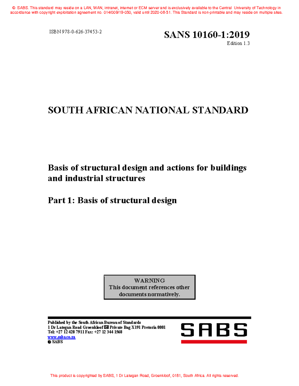 SANS10160-1 - Basis of Structural Design & Actions for Buildings - Studocu