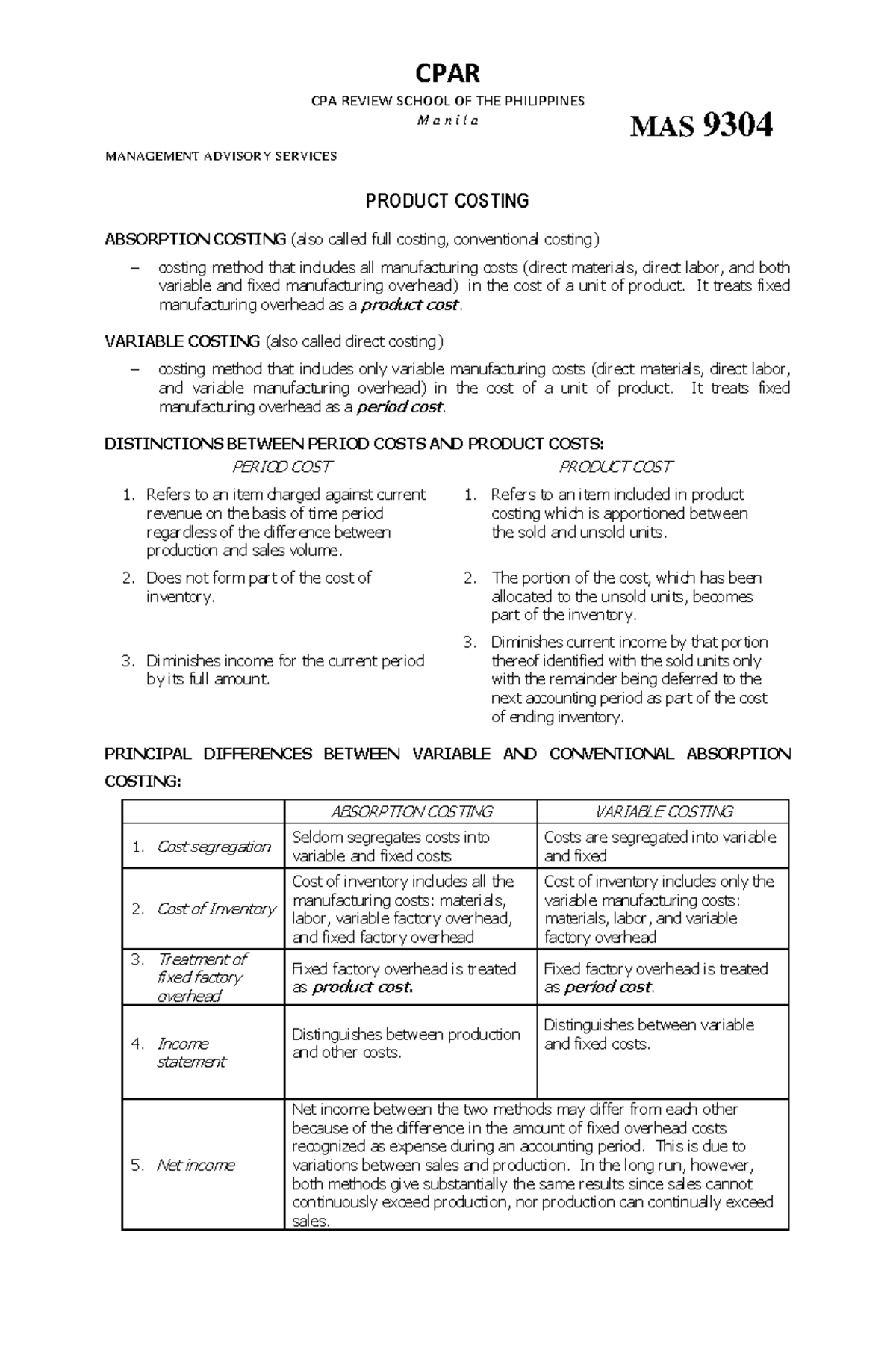 MAS 9304 Product Costing: Understanding Absorption vs. Variable Methods ...
