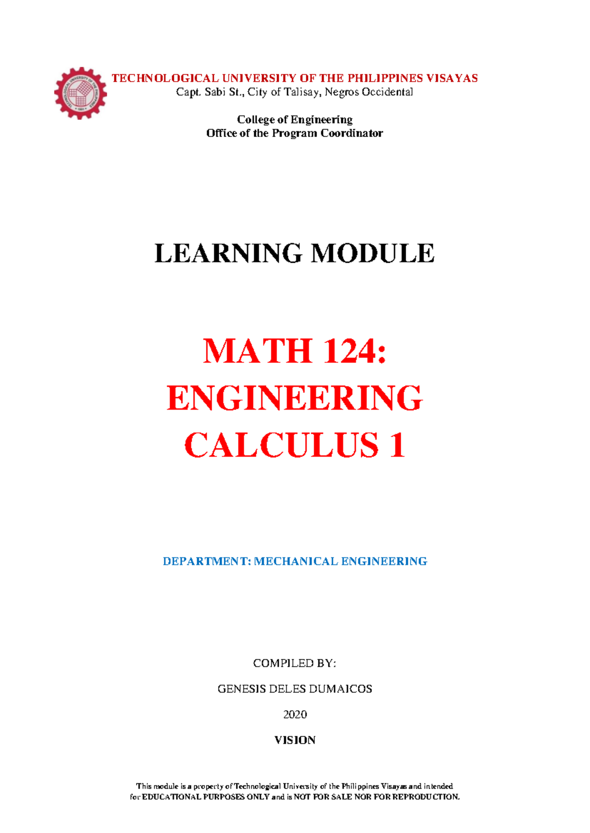 MATH 124: Engineering Calculus 1 Learning Module - Studocu