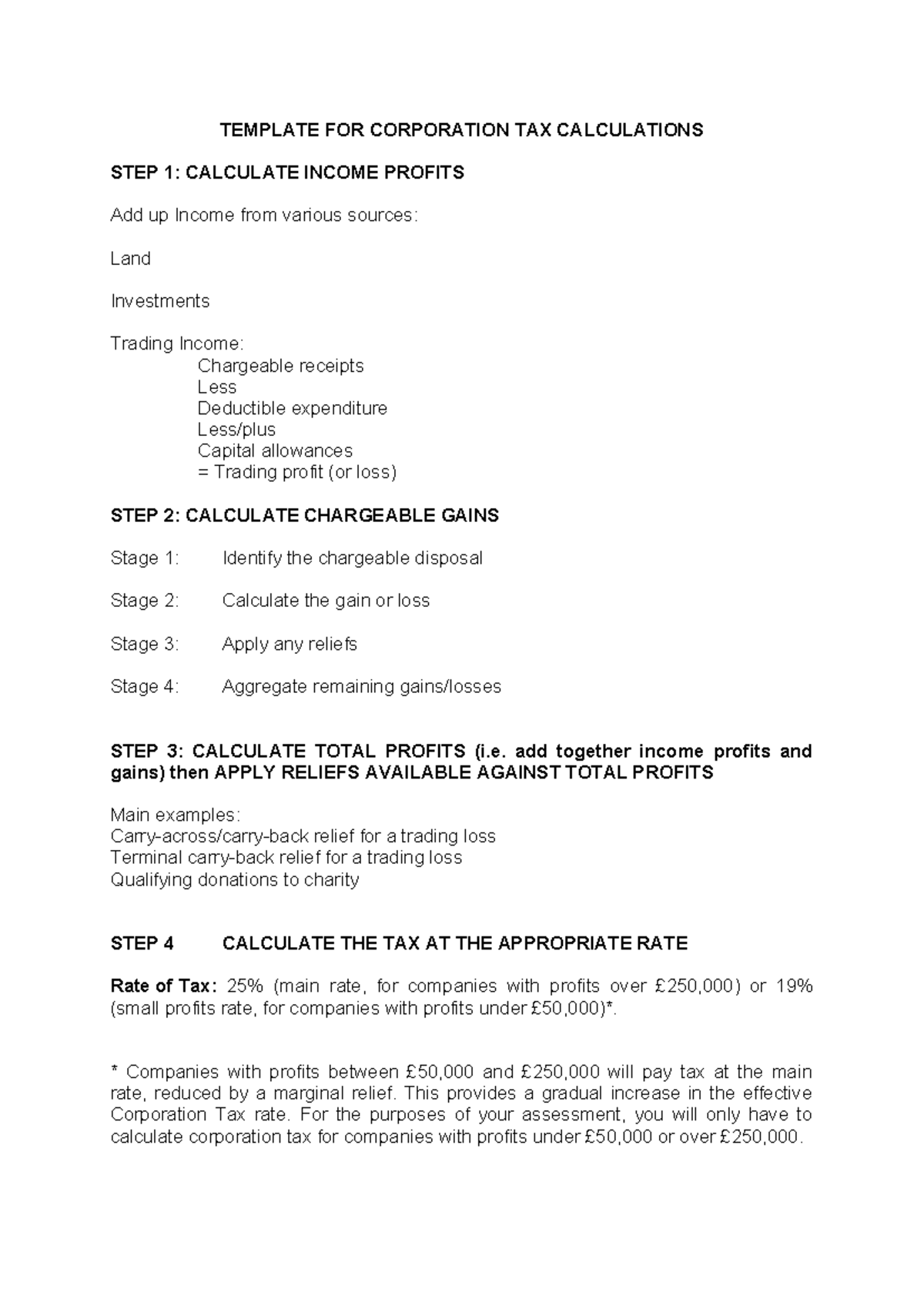 Tax Template for Corporation & Income Tax Calculations - Studocu