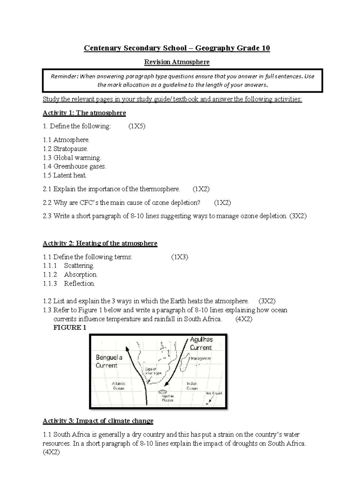 Geography Grade 10 - Atmosphere & Climate Change Revision Notes - Studocu