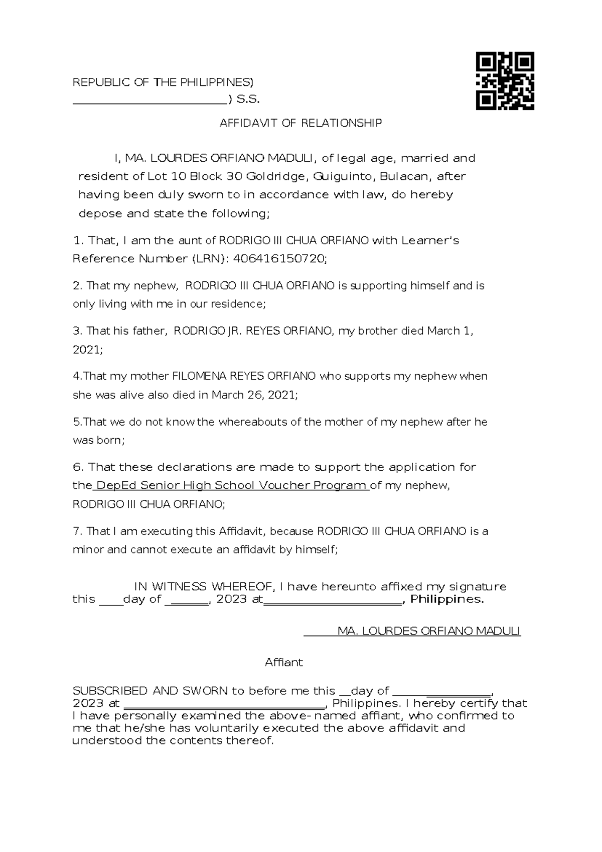 Affidavit of Relationship for DepEd Senior High Voucher Program - Studocu