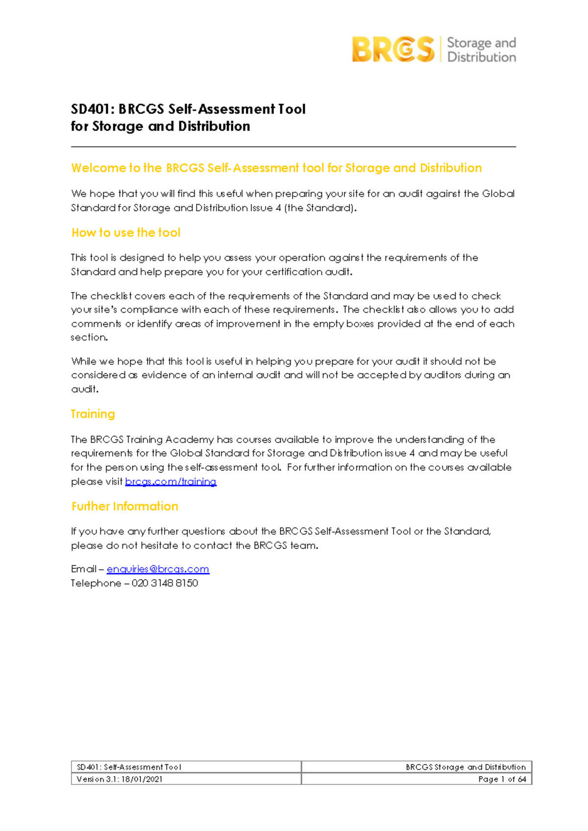 SD 401: BRCGS Self-Assessment Tool for Storage & Distribution Issue 4 ...