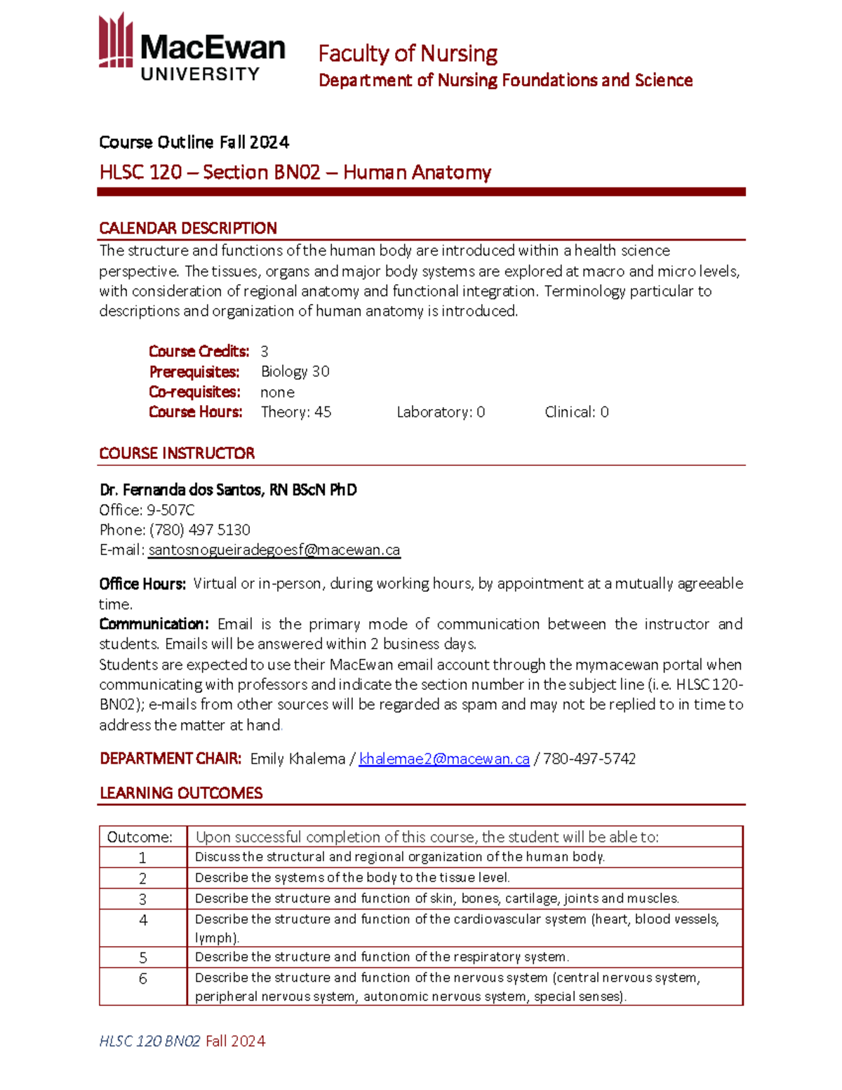 HLSC 120 BN02 Fall 2024 Course Outline: Human Anatomy Fundamentals ...