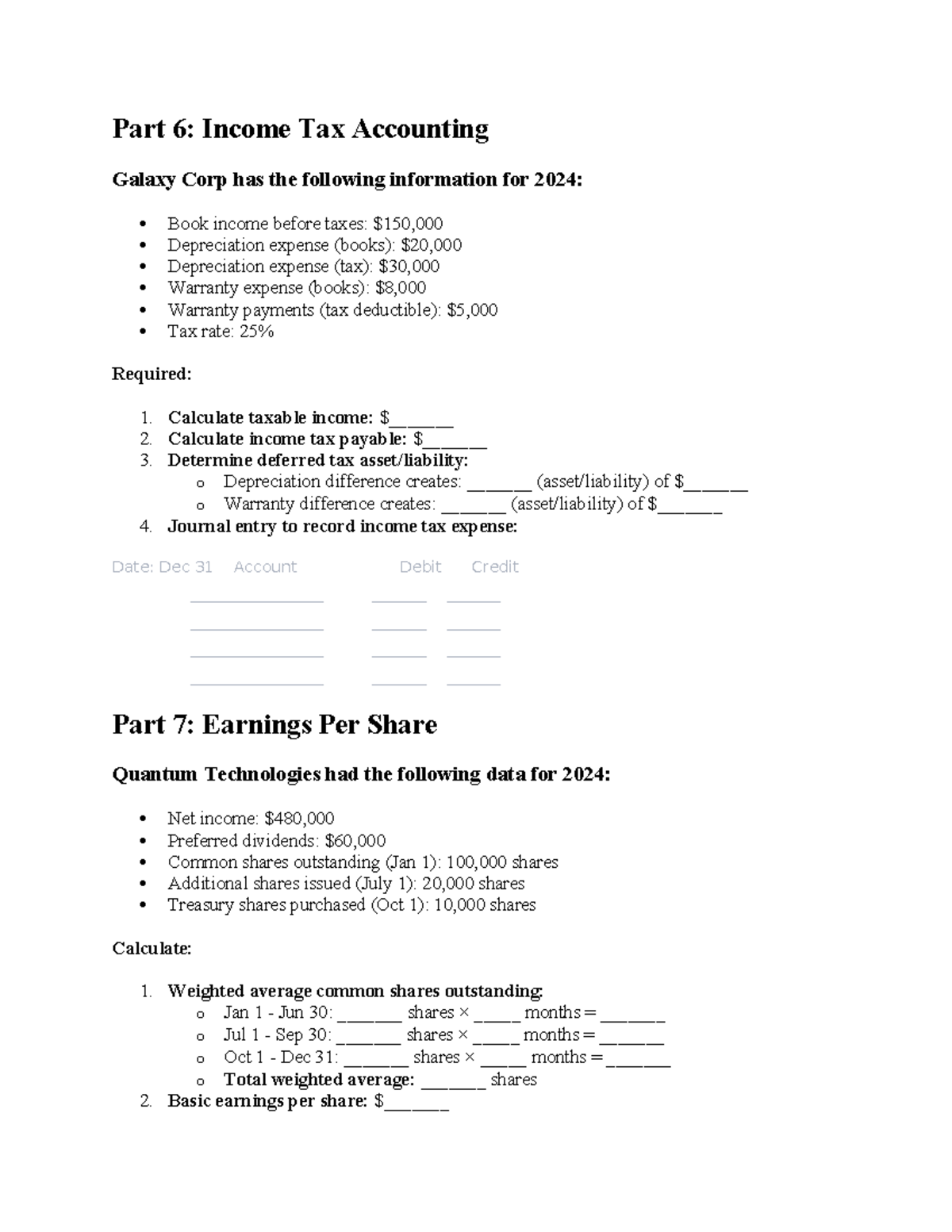 Accounting Fundamentals Worksheet: Income Tax & EPS Calculations - Studocu