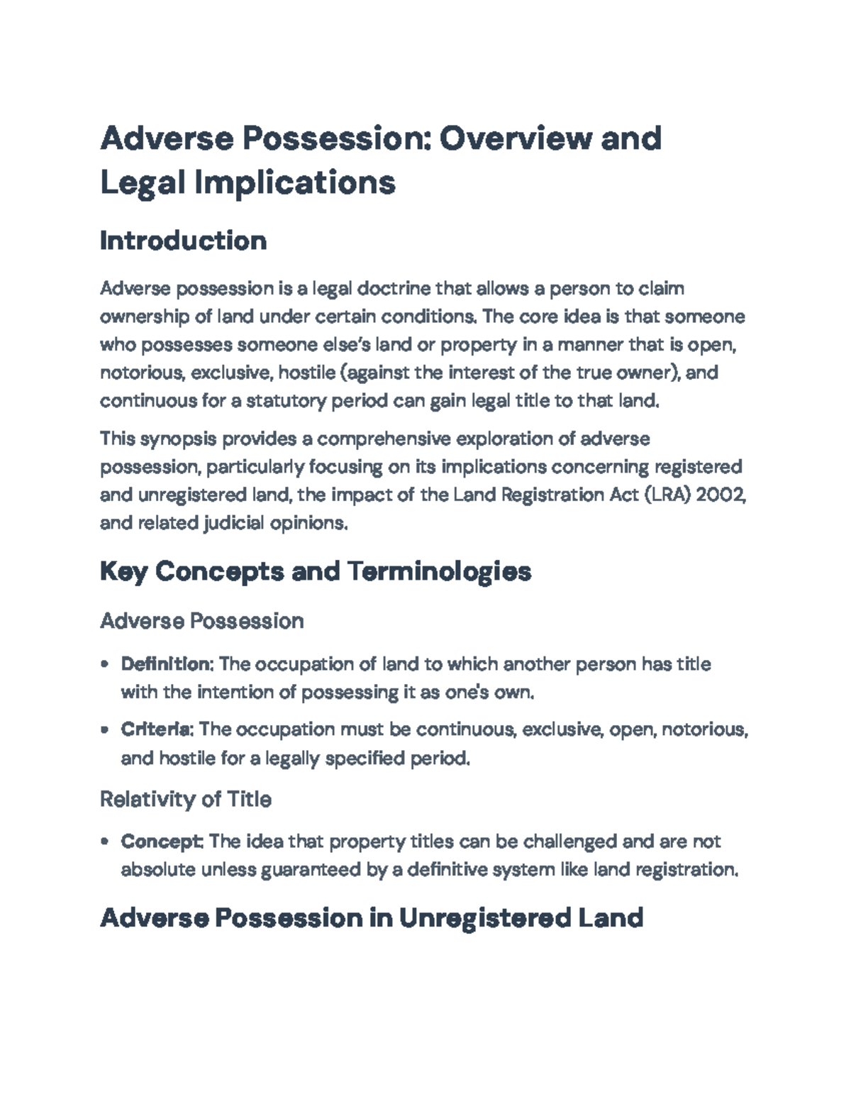 Adverse Possession: Legal Framework and Implications for LRA 2002 ...