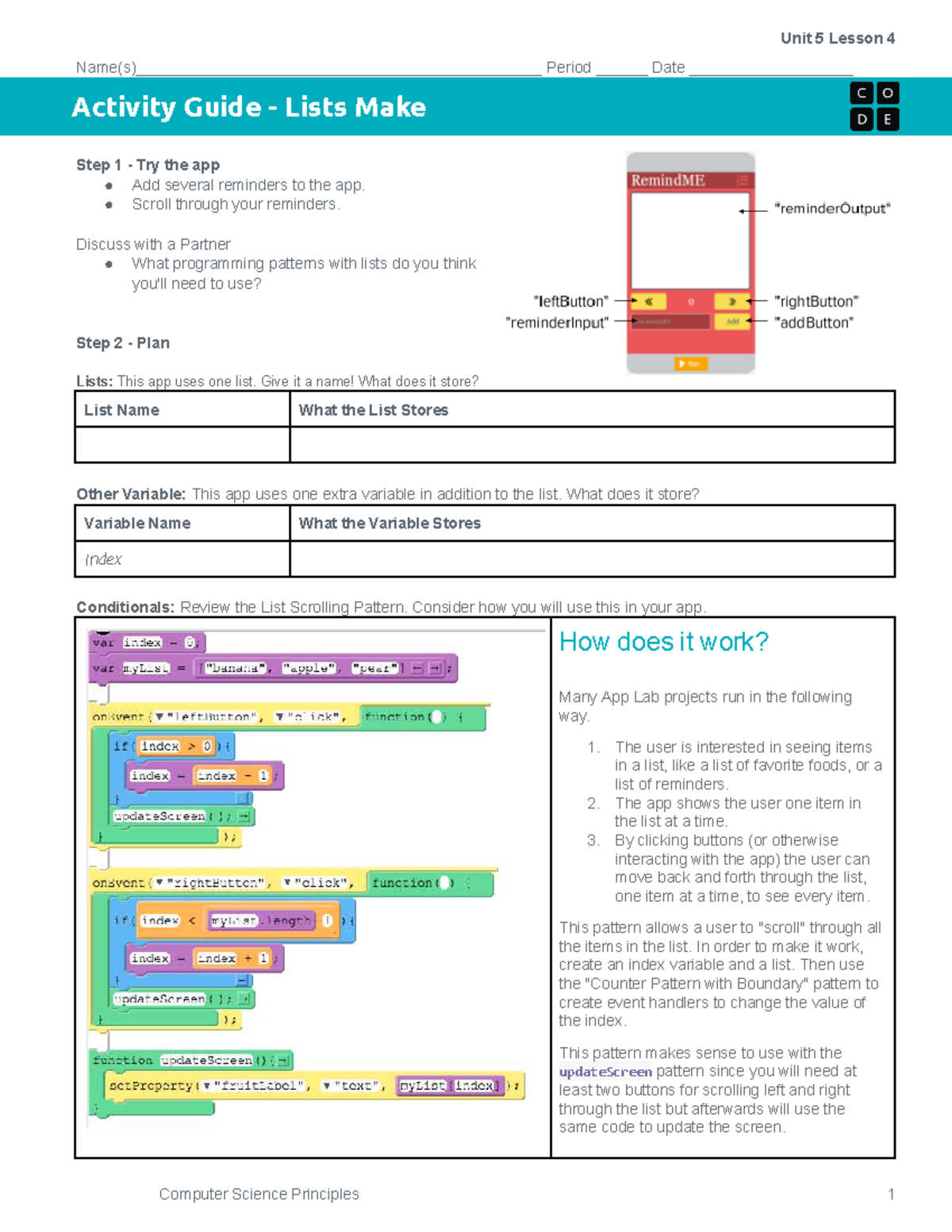 Activity Guide: Lists & App Reminders - CS1 Unit 5 Lesson 4 - Studocu