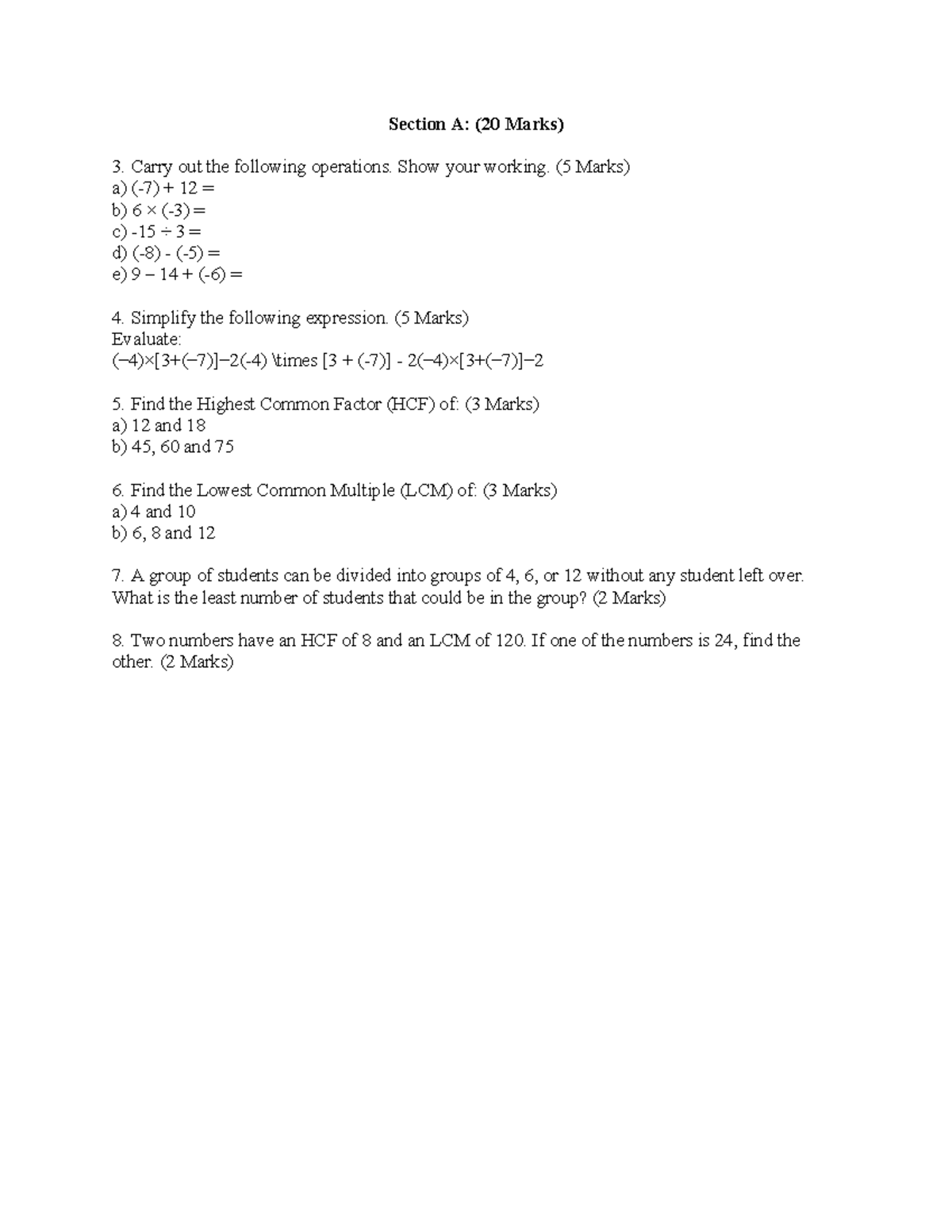 Basic Maths Quiz: Operations, HCF, and LCM (20 Marks) - Studocu