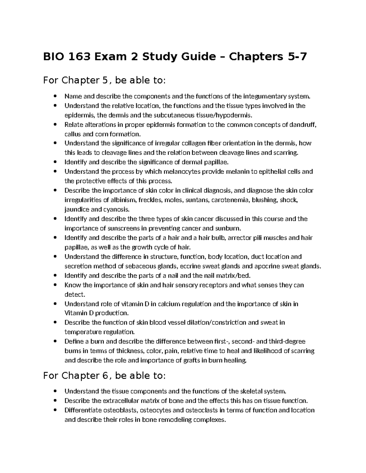 BIO 163 Exam 2 Study Guide: Chapters 5-7 on Integumentary, Skeletal ...