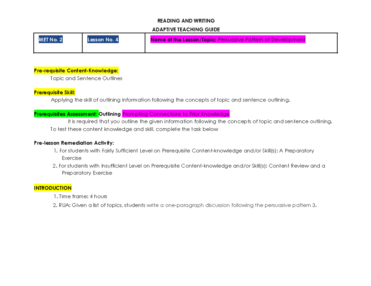 RW ATG Sample Persuasive Pattern - READING AND WRITING ADAPTIVE ...