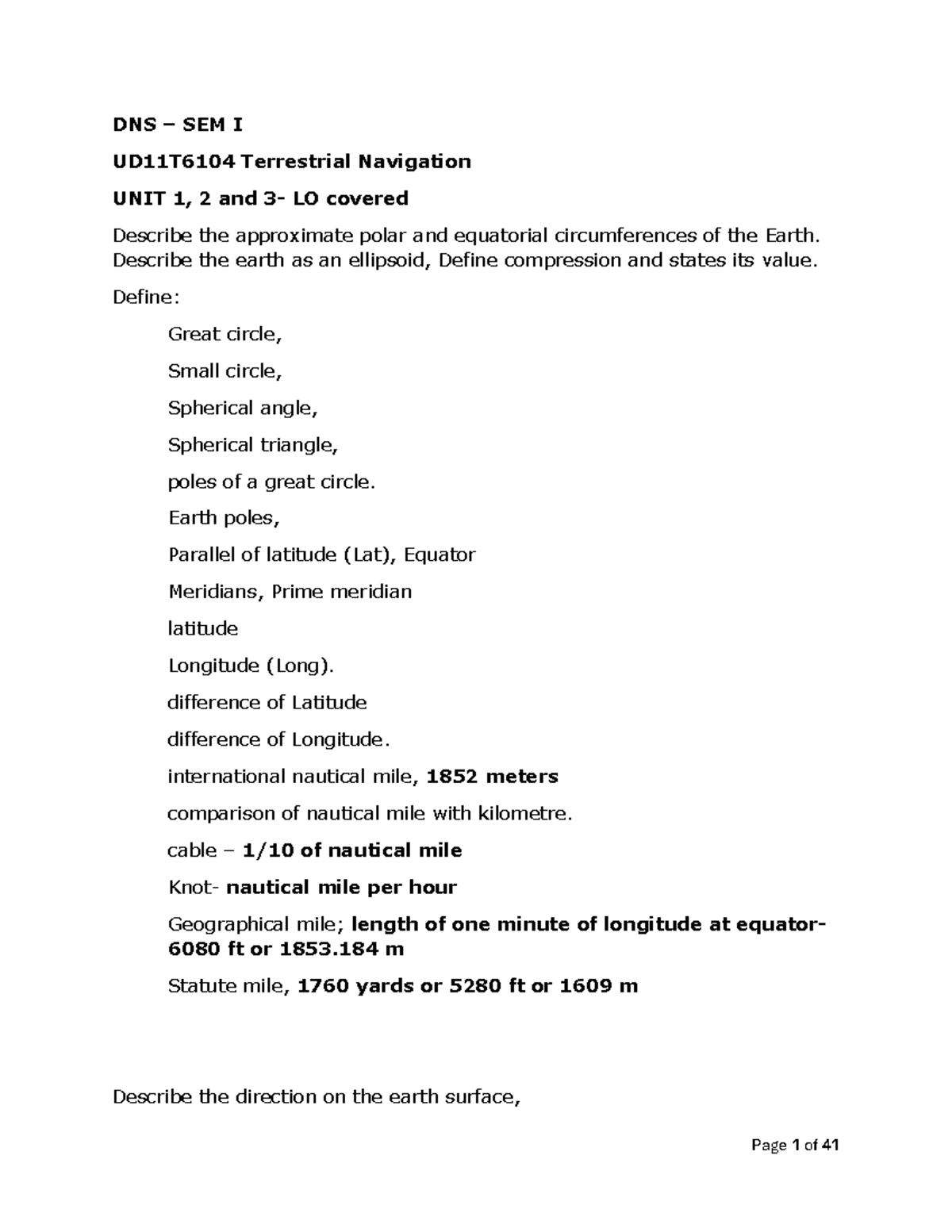 DNS SEM I UD11T6104 Terrestrial Navigation Notes: Units 1 & 2 Overview ...