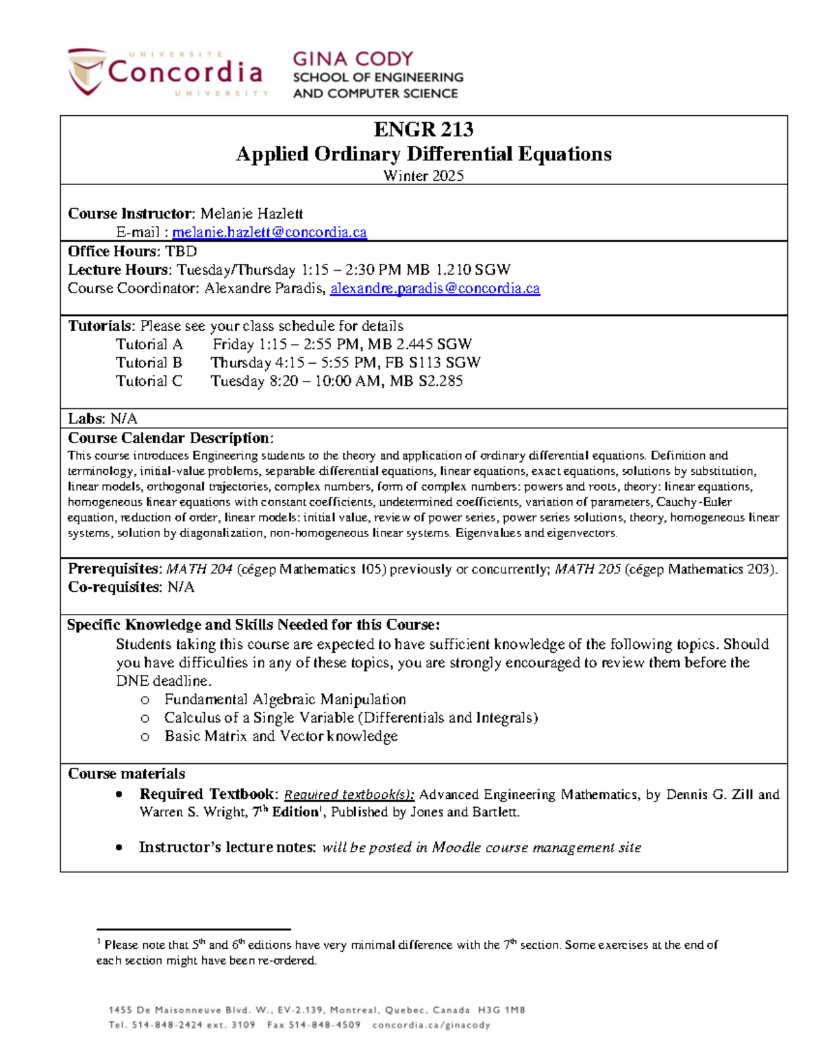 ENGR 213 Applied Ordinary Differential Equations Course Outline Winter ...