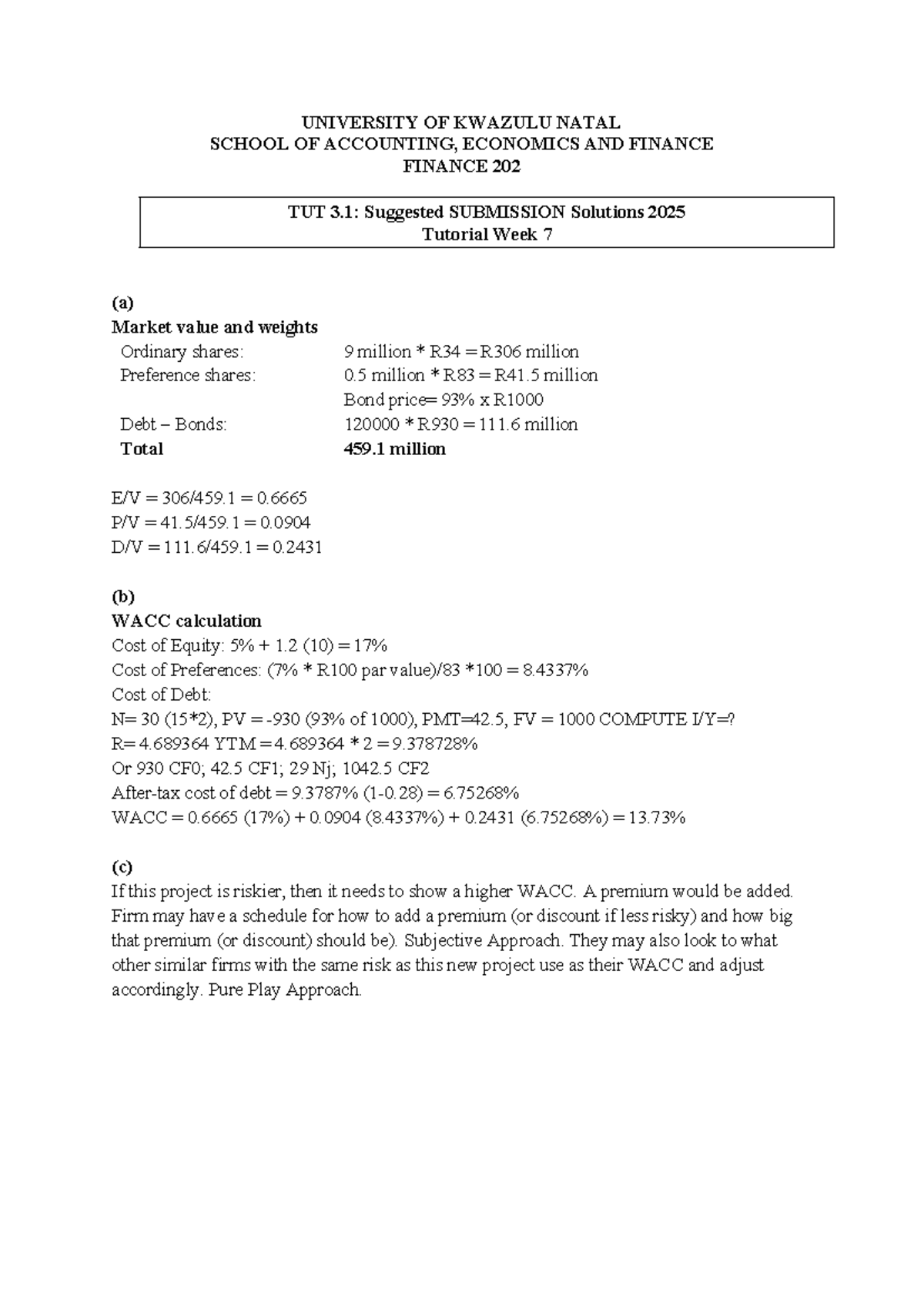 FINA202 TUT 3.1: Submission Solutions for Week 7 Tutorial 2025 - Studocu