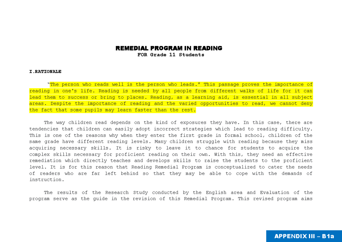Remedial and Enrichment Reading Programs for Grade 11 Students - Studocu