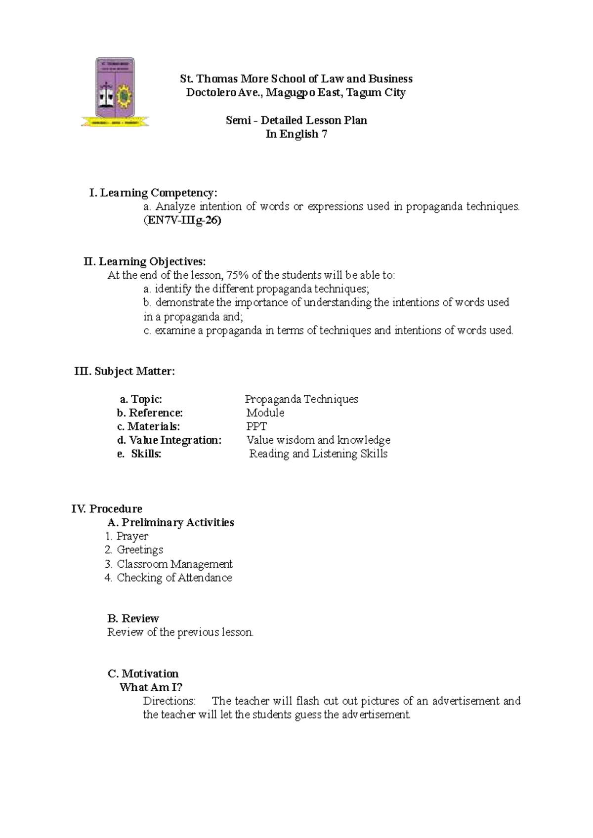 857444431 Semi-Detailed Lesson Plan: Propaganda Techniques in English 7 - Studocu