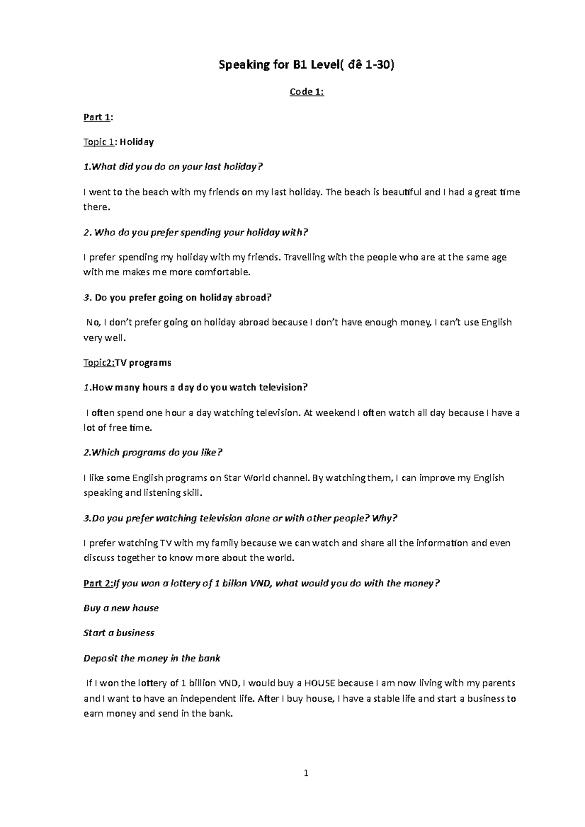 B1 Speaking Practice Guide: Updated Topics and Questions - Studocu