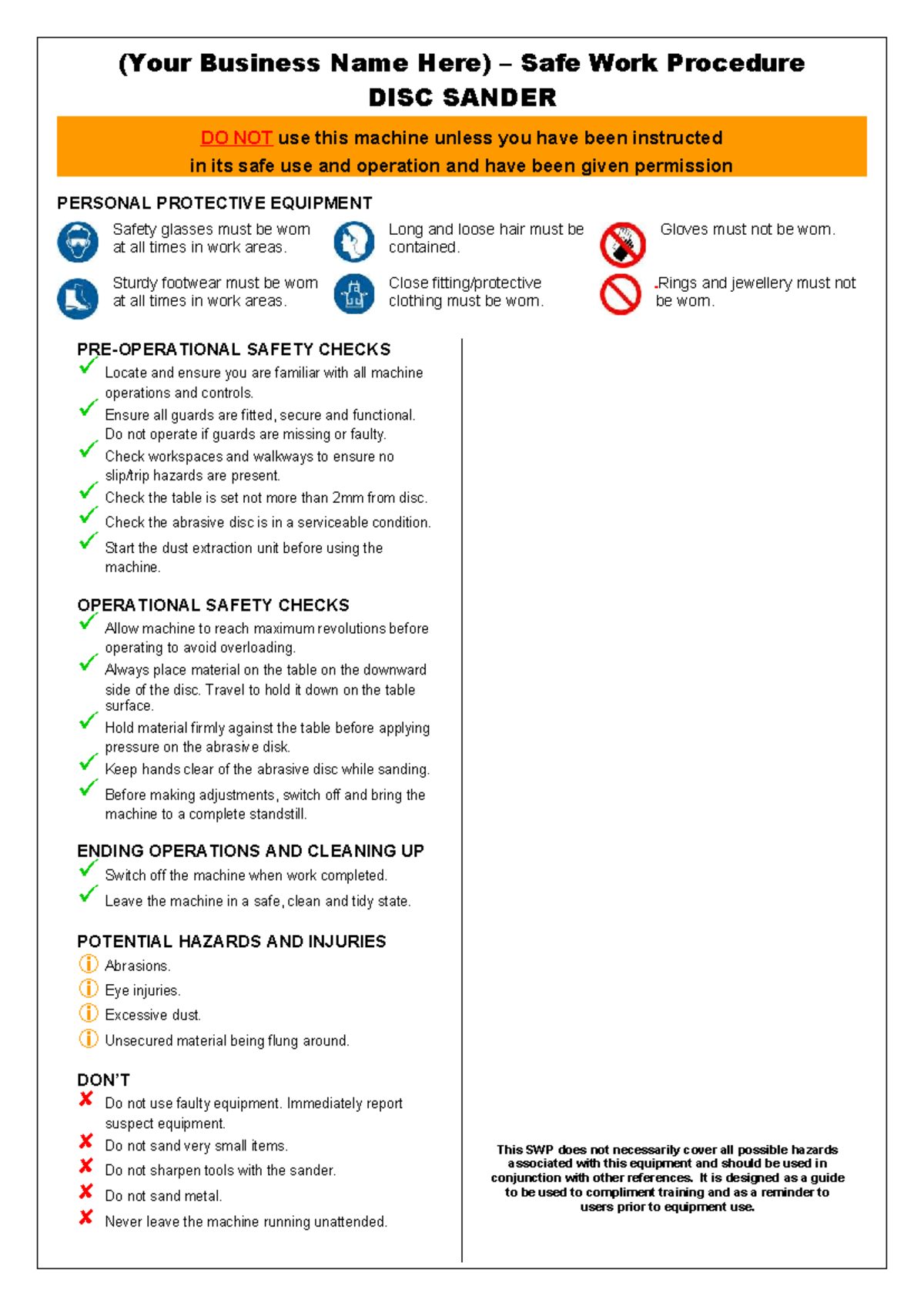SWP for Disc Sander Operation & Safety Guidelines AS543 - Studocu