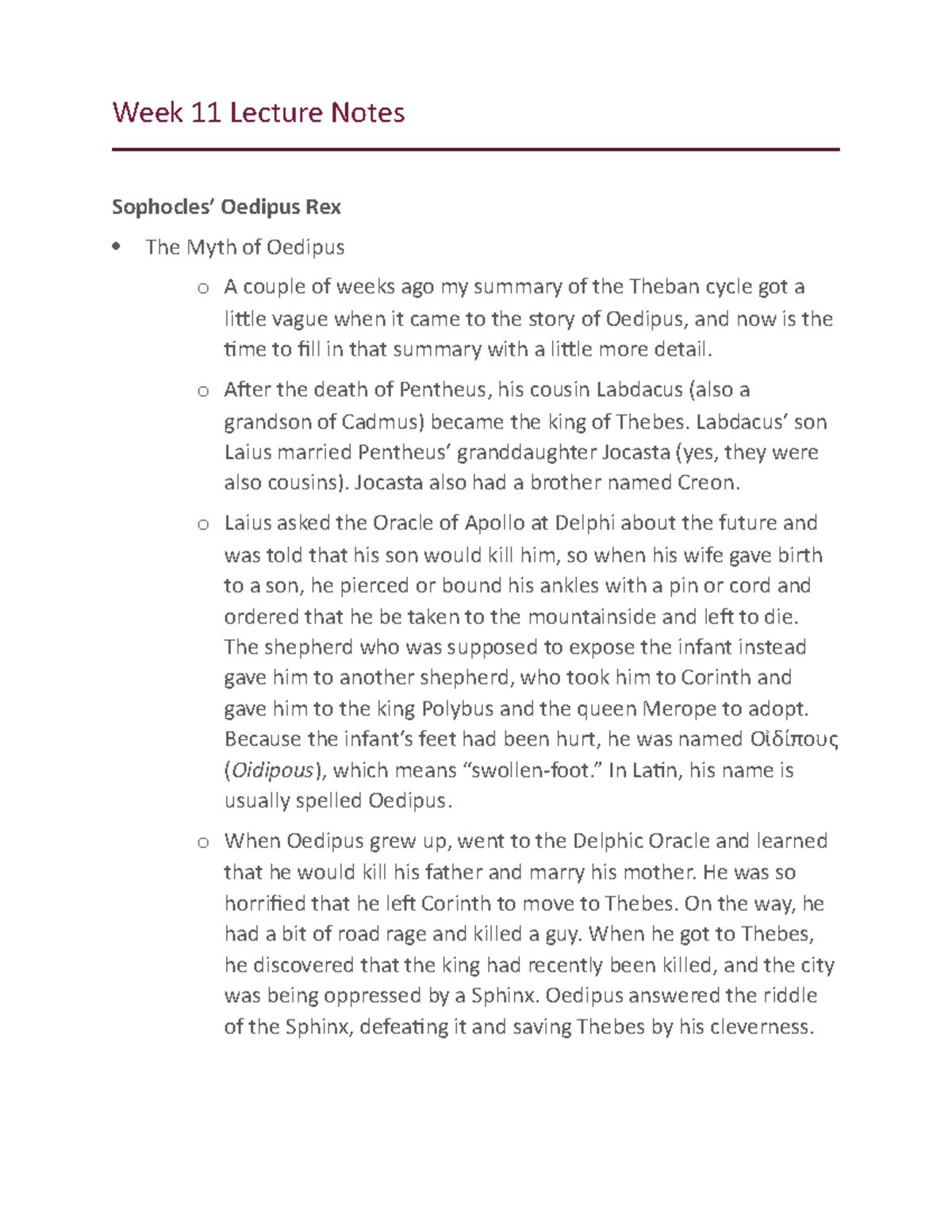 ENG 203 Week 11 Lecture Notes: Insights on Sophocles’ Oedipus Rex - Studocu