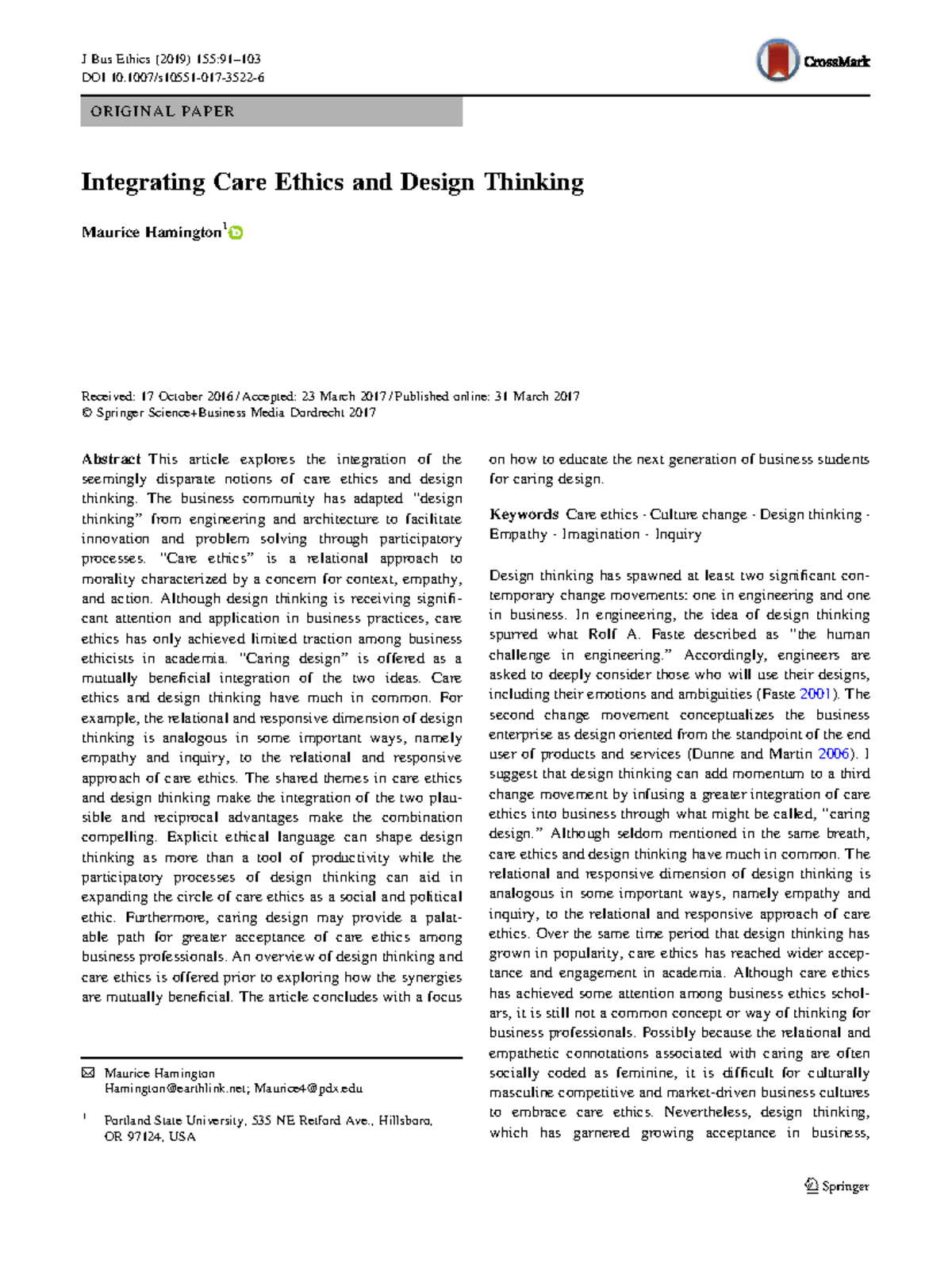 J Bus Ethics (2019) Integrating Care Ethics with Design Thinking ...