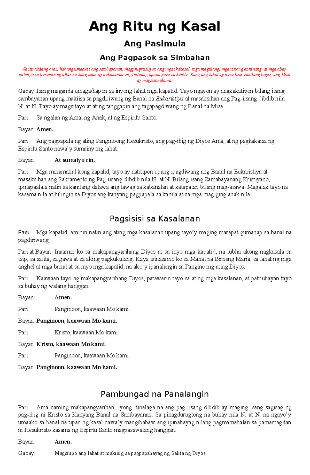 Rito ng Kasal: Gabay at Ulo ng Misa (Ritual and Wedding Mass) - Studocu