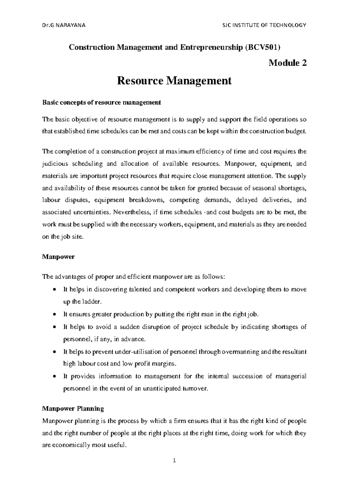 BCV501 Module 2: Resource Management in Construction Management - Studocu