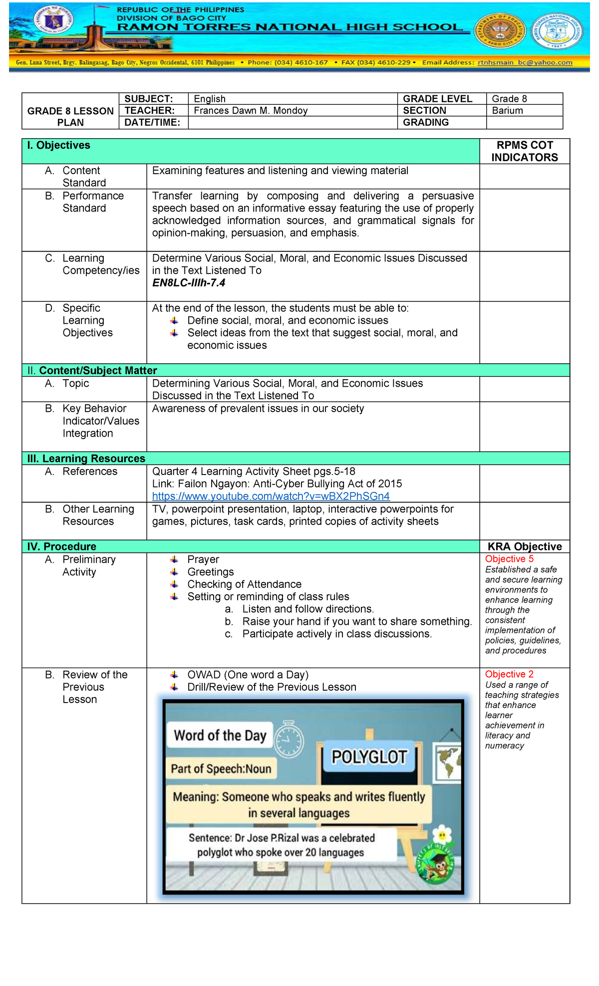 GRADE 8 ENGLISH LESSON PLAN: SOCIAL, MORAL, & ECONOMIC ISSUES - Studocu