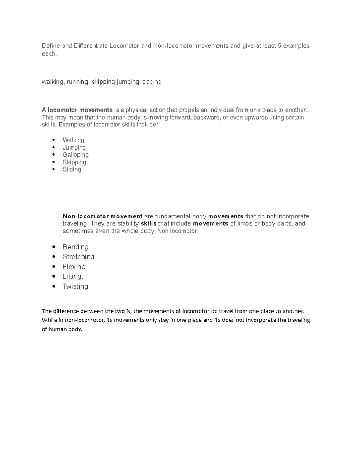 Define and Differentiate Locomotor and Non - Define and Differentiate ...