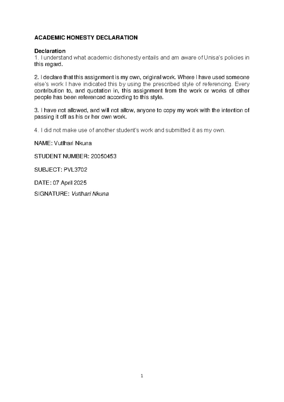 PVL3702 Assessment 1: Academic Honesty & Contract Law Analysis - Studocu